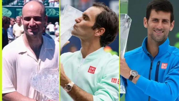 The 9 men with most Miami Open match wins: ft Djokovic, Federer, Agassi